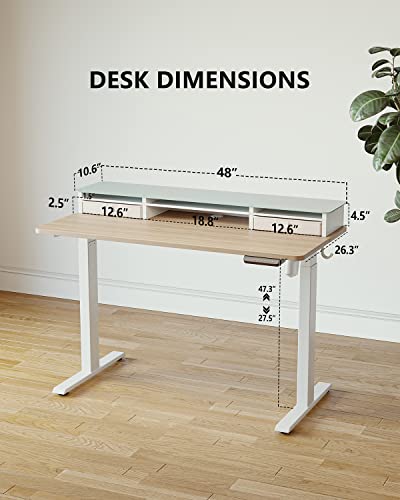 BANTI 48"x 26" Electric Standing Desk with Glass Top Monitor Stand, Adjustable Sit Stand Up Table with Double Drawer, Sit Stand Desk with Storage Shelf, Light Walnut Top