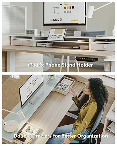 BANTI 48"x 26" Electric Standing Desk with Glass Top Monitor Stand, Adjustable Sit Stand Up Table with Double Drawer, Sit Stand Desk with Storage Shelf, Light Walnut Top