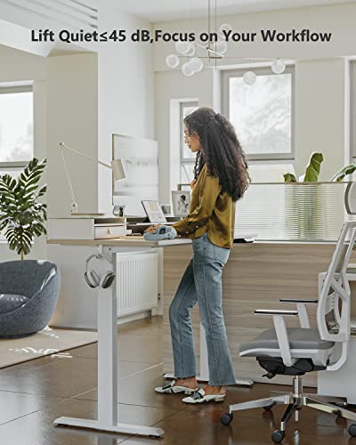 BANTI 48"x 26" Electric Standing Desk with Glass Top Monitor Stand, Adjustable Sit Stand Up Table with Double Drawer, Sit Stand Desk with Storage Shelf, Light Walnut Top