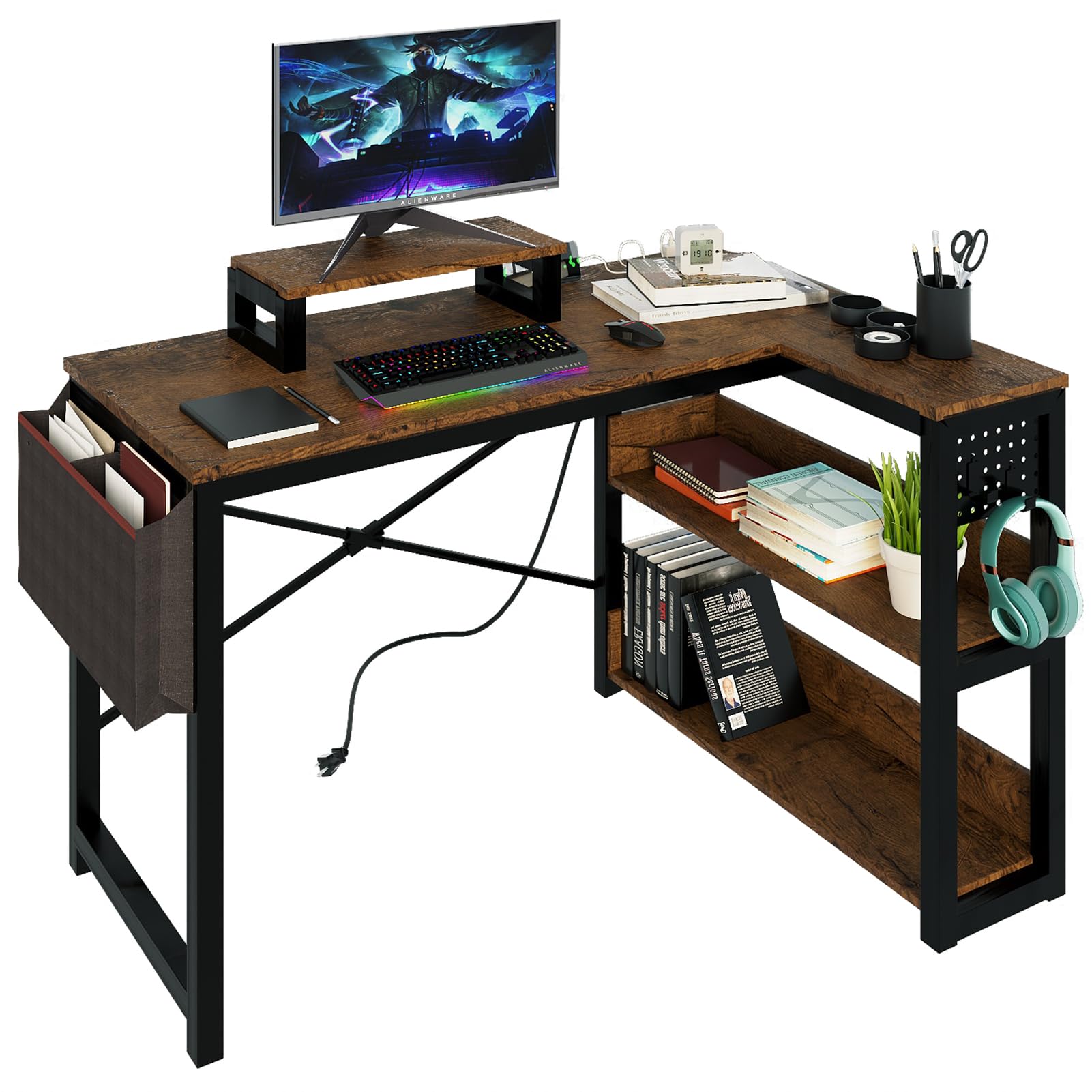 WORLDEEP L Shaped Desk with Power Outlets& USB Ports,47 Inch Home Office Desk with Storage Shelves,Computer Desk with Monitor Stand & Hooks,Gaming Desk with Storage Bag,Corner Desk, Vintage