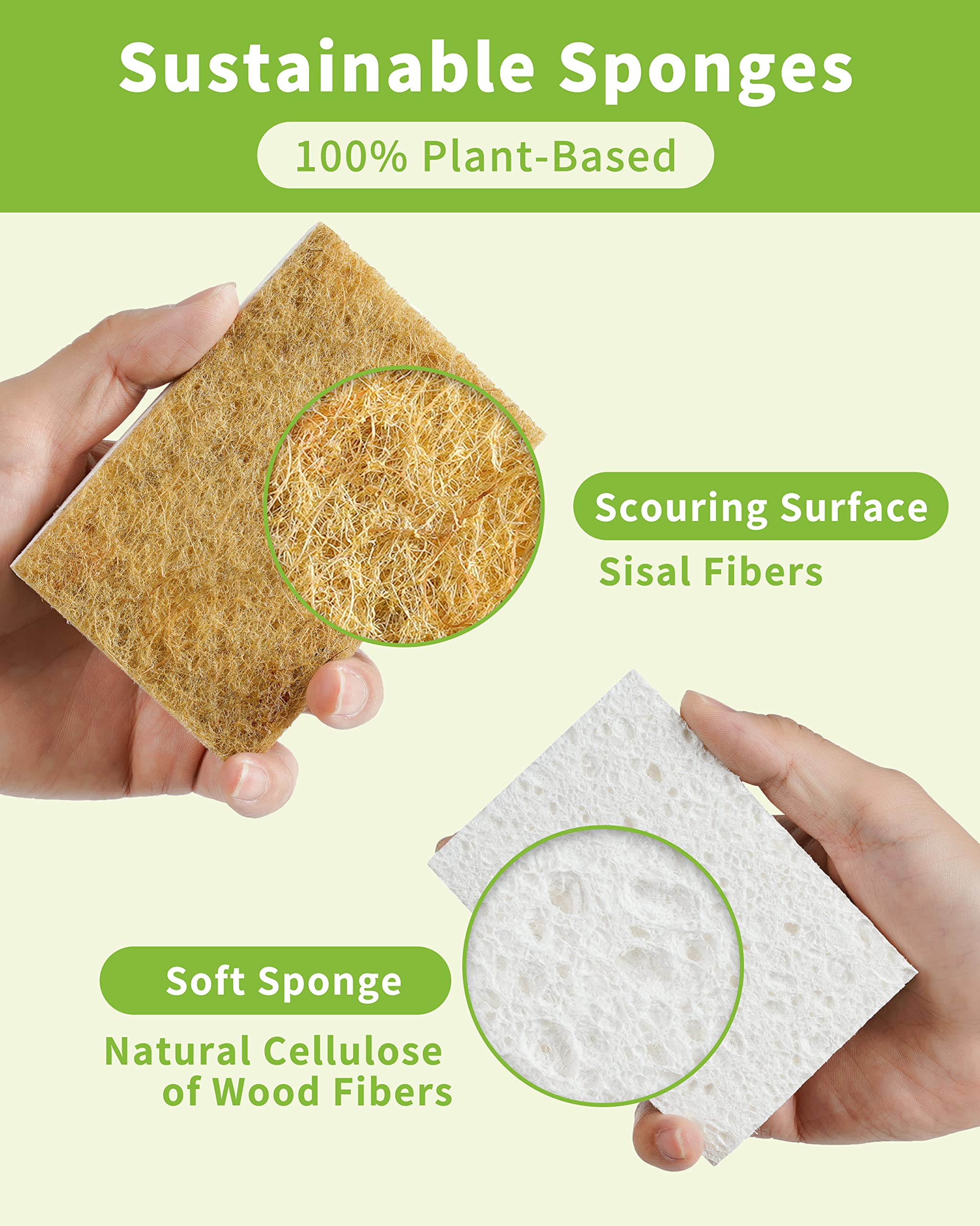 Biodegradable Natural Kitchen Sponge 12Pack, Compostable Cellulose and Coconut Walnut Scrubber Sponge