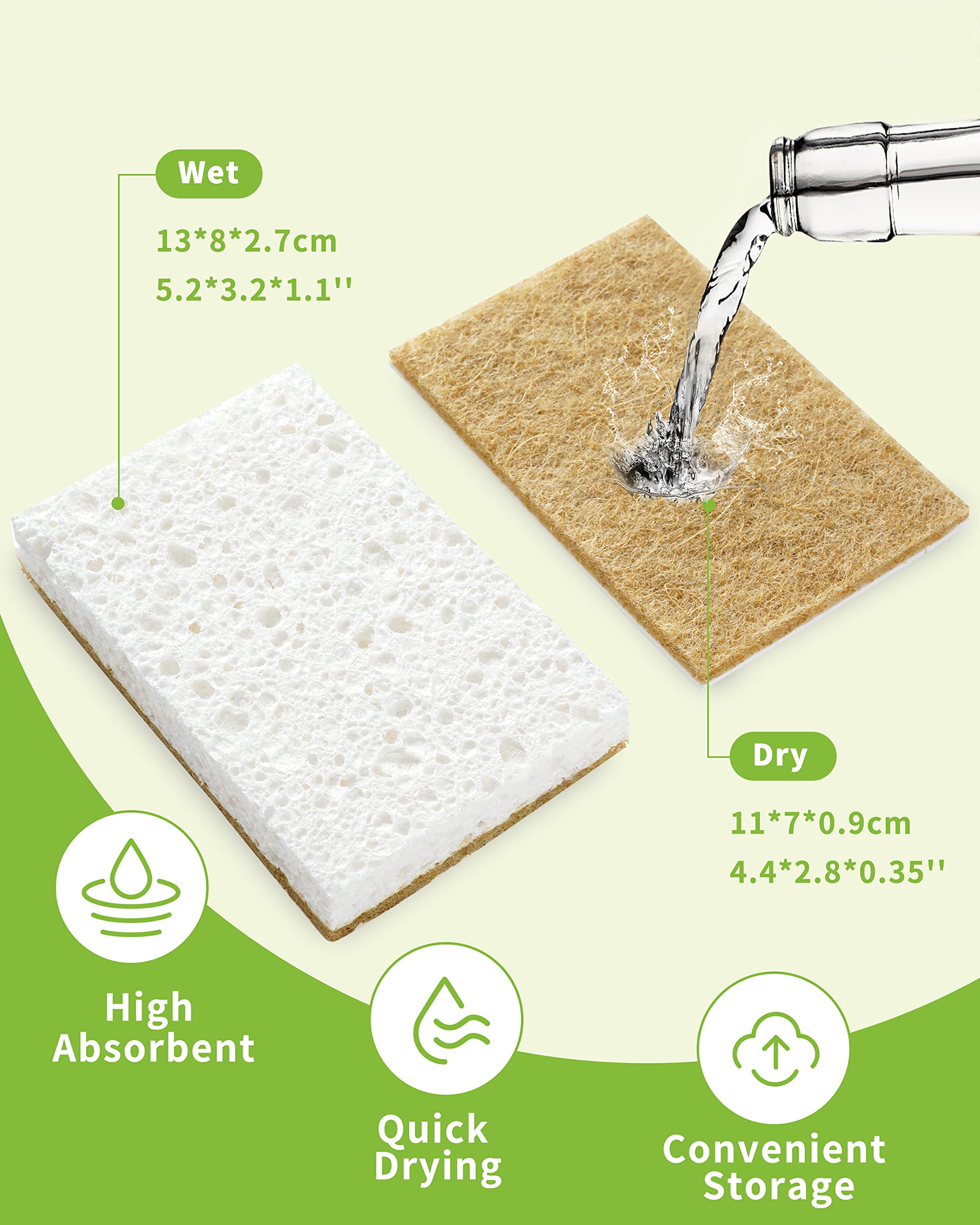 Biodegradable Natural Kitchen Sponge 12Pack, Compostable Cellulose and Coconut Walnut Scrubber Sponge