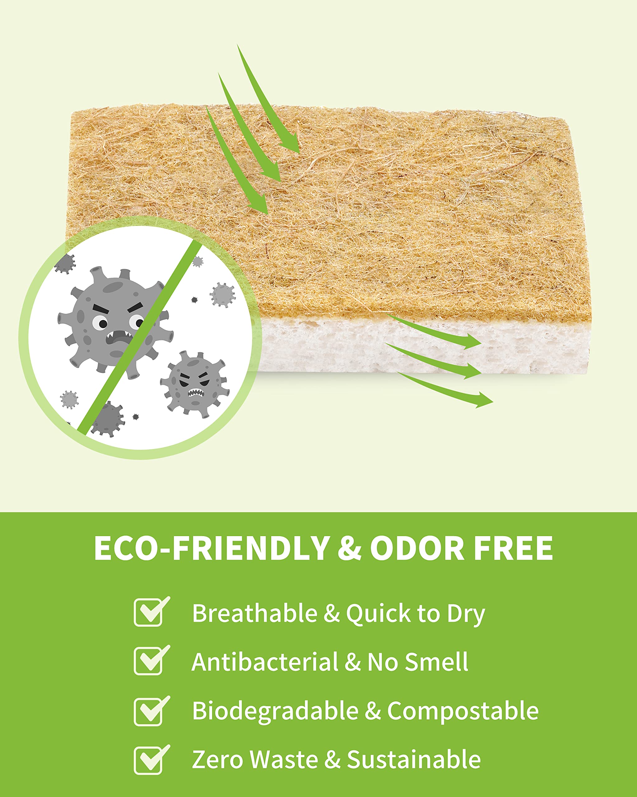 Biodegradable Natural Kitchen Sponge 12Pack, Compostable Cellulose and Coconut Walnut Scrubber Sponge