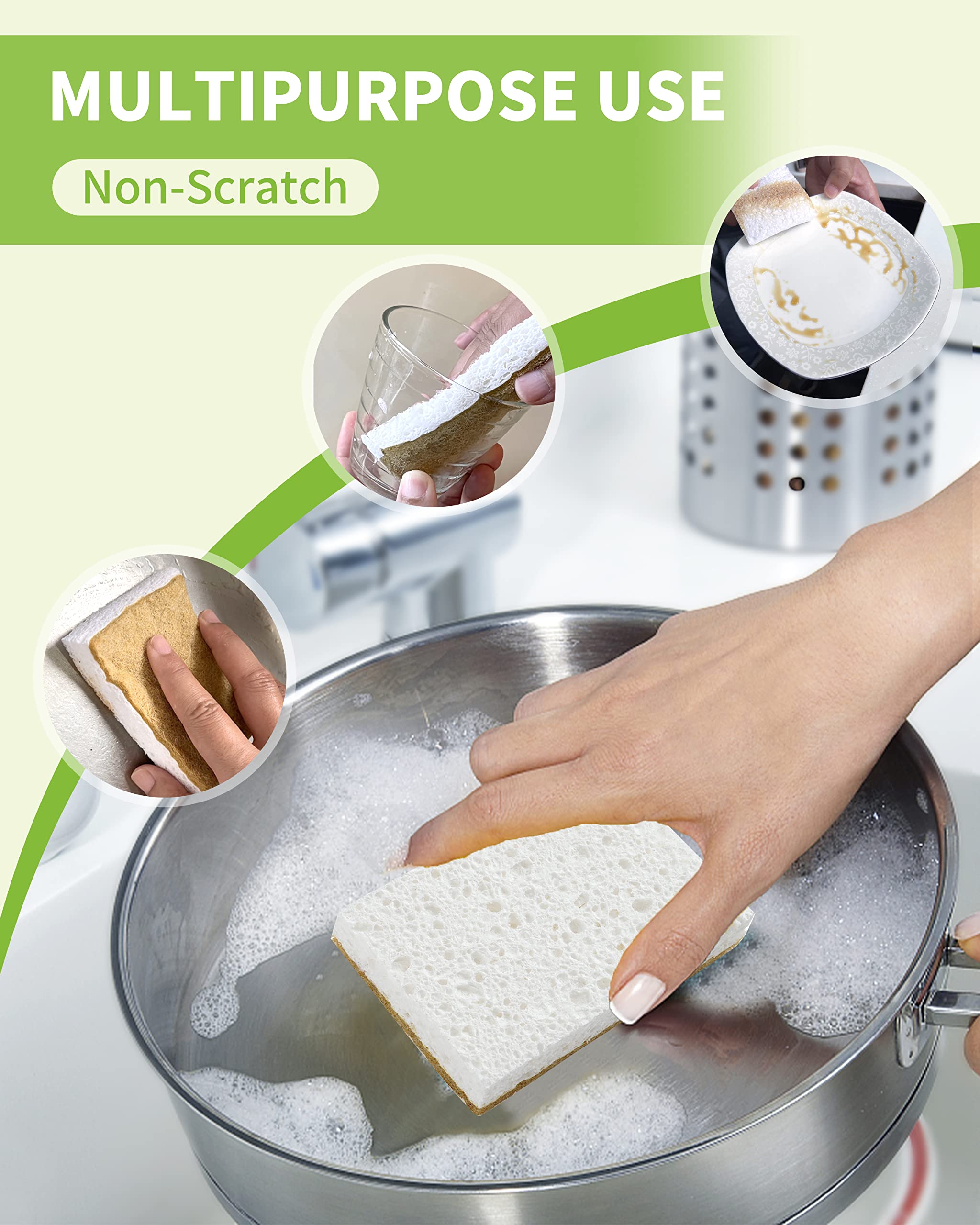 Biodegradable Natural Kitchen Sponge 12Pack, Compostable Cellulose and Coconut Walnut Scrubber Sponge