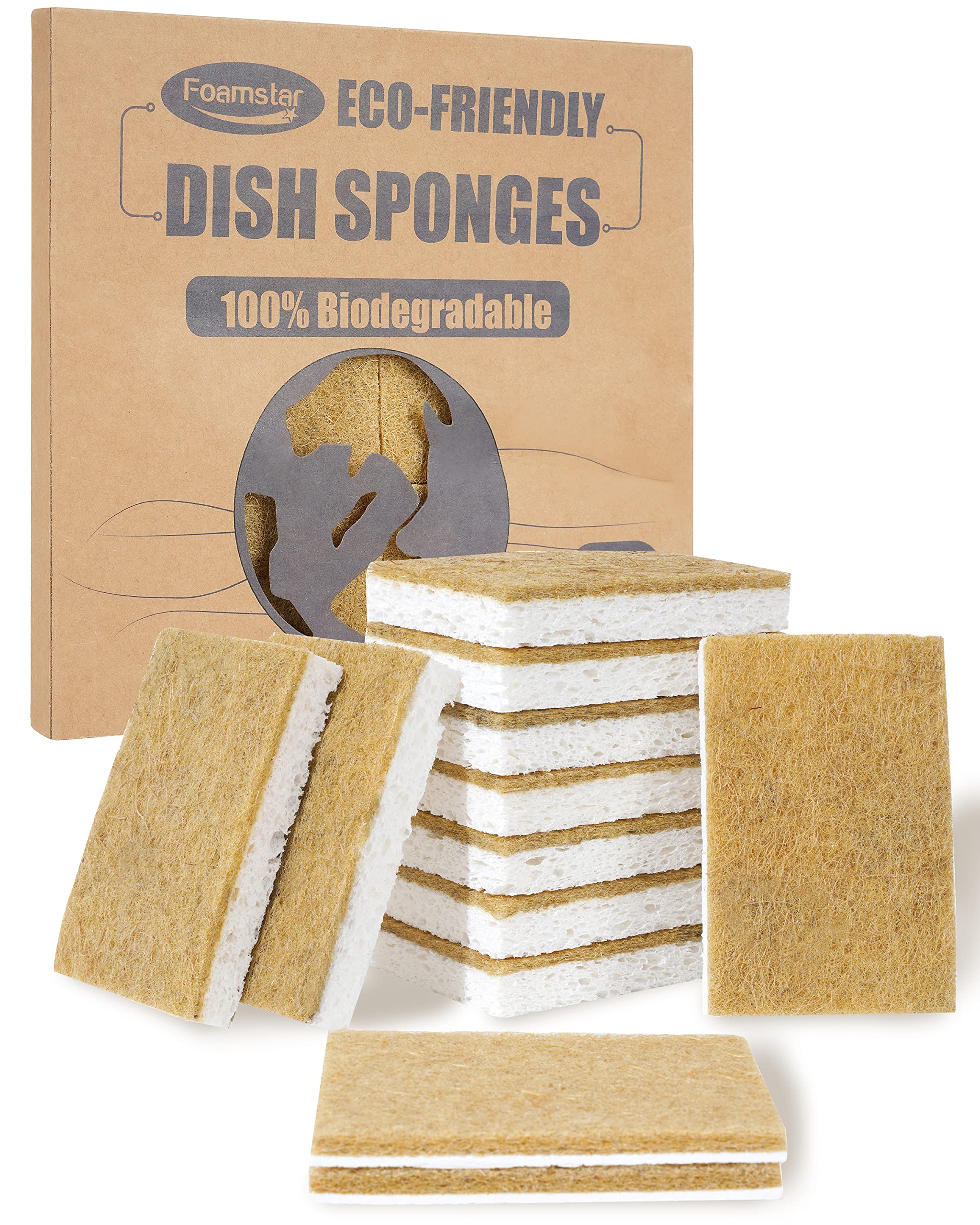 Biodegradable Natural Kitchen Sponge 12Pack, Compostable Cellulose and Coconut Walnut Scrubber Sponge