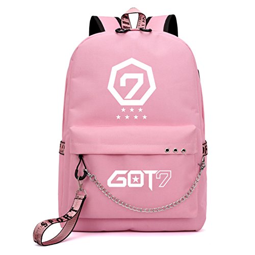 JUSTGOGO KPOP GOT7 Backpack Daypack Laptop Bag College Bag School Bag Bookbag with USB Charging Port (Pink 1)