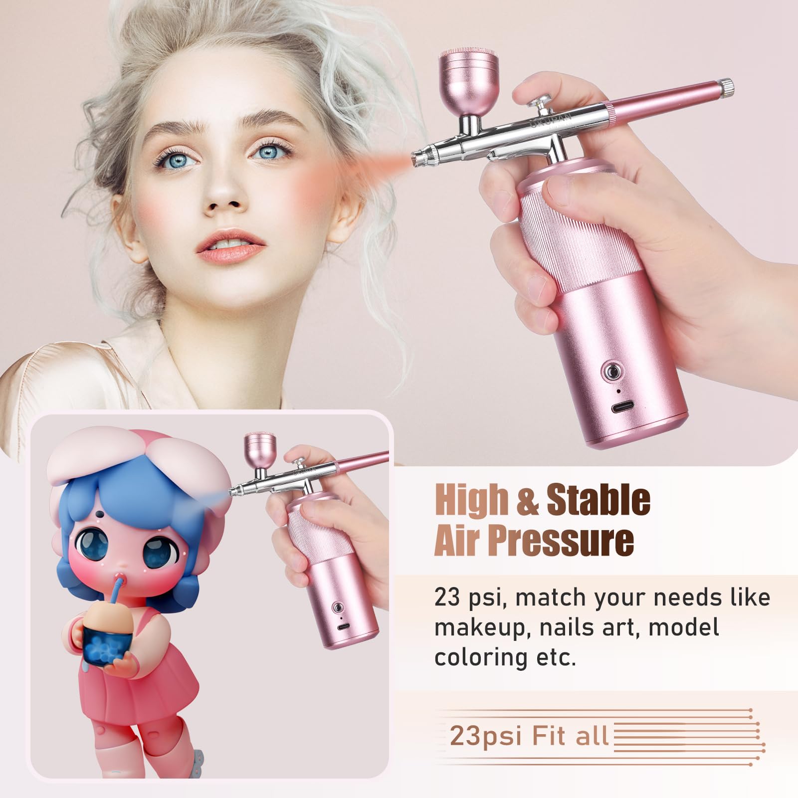 OKUPAN Nail Airbrush Machine - Cordless Airbrush Kit with Compressor - Portable Airbrush for Nails, Cake Cookies Decorating, Makeup, Barber, Model Painting (Pink)
