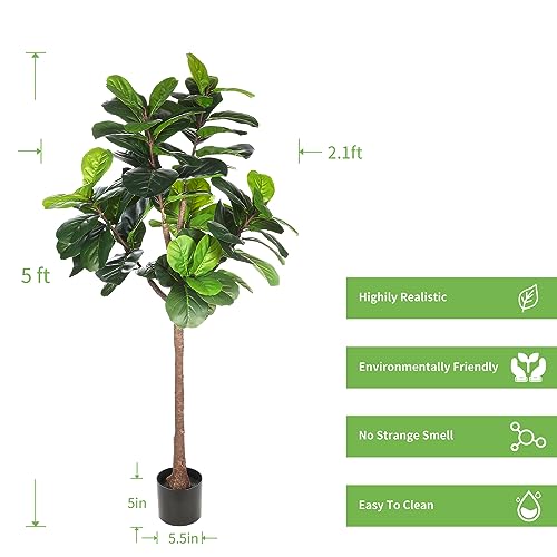Realead 5ft Fiddle Leaf Fig Tree Artificial - Large Fake Fig Leaf Tree with 78 Leaves - Tall Faux Plants in Plastic Nursery Pot for Modern Home Office Living Room Indoor Decor