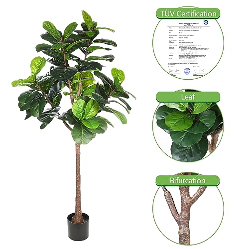 Realead 5ft Fiddle Leaf Fig Tree Artificial - Large Fake Fig Leaf Tree with 78 Leaves - Tall Faux Plants in Plastic Nursery Pot for Modern Home Office Living Room Indoor Decor