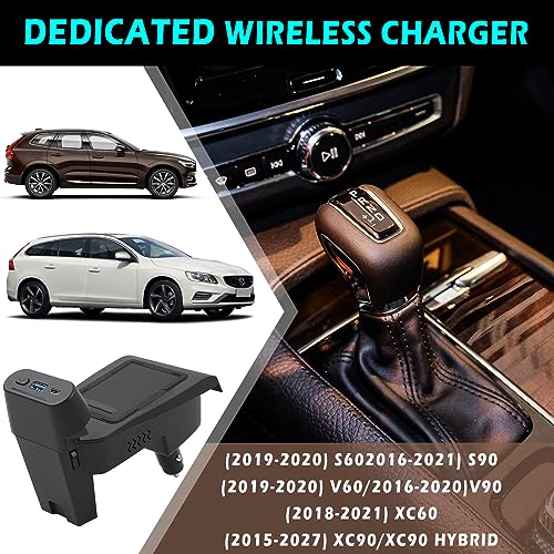 Wireless Phone Charging Plate, Vehicle Inner Central Box Charger Accessory with USB Port, Compatible with Volvo XC90 XC60 S90 S60 V90 V60, Plug & Play Easy Installation