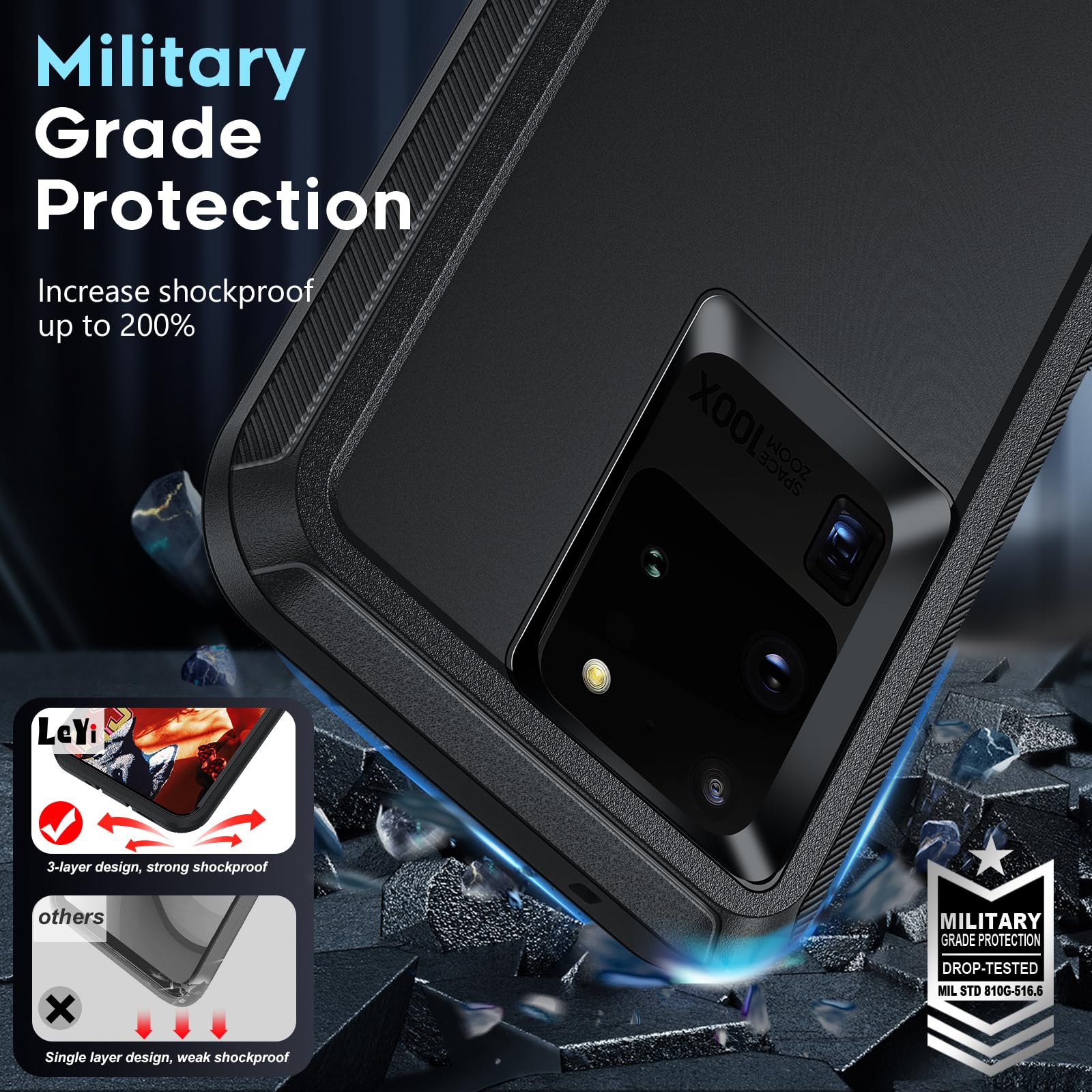 LeYi Compatible for Samsung S20 Ultra Case: Heavy Duty 3 in 1 Samsung Galaxy S20 Ultra Case, Military Grade Shockproof Phone Case Cover for Samsung Galaxy S20 Ultra (Black)