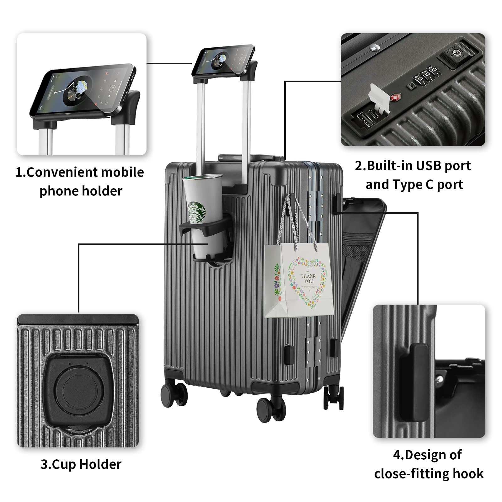 CAARANY Versatile Aluminum Frame Carry-On Luggage with USB Charging Port, Front Compartment, TSA Lock, Airline Approved Carry On Hardside Suitcase with Spinner Wheels (Grey, 20inch)