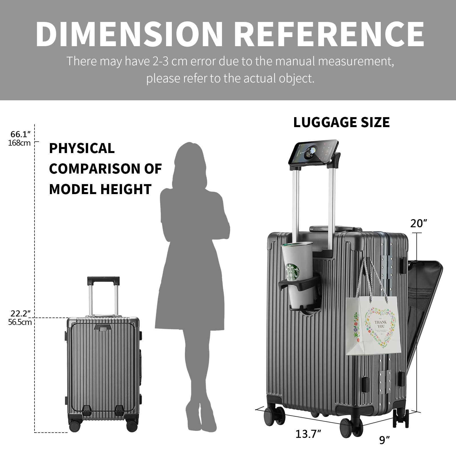 CAARANY Versatile Aluminum Frame Carry-On Luggage with USB Charging Port, Front Compartment, TSA Lock, Airline Approved Carry On Hardside Suitcase with Spinner Wheels (Grey, 20inch)