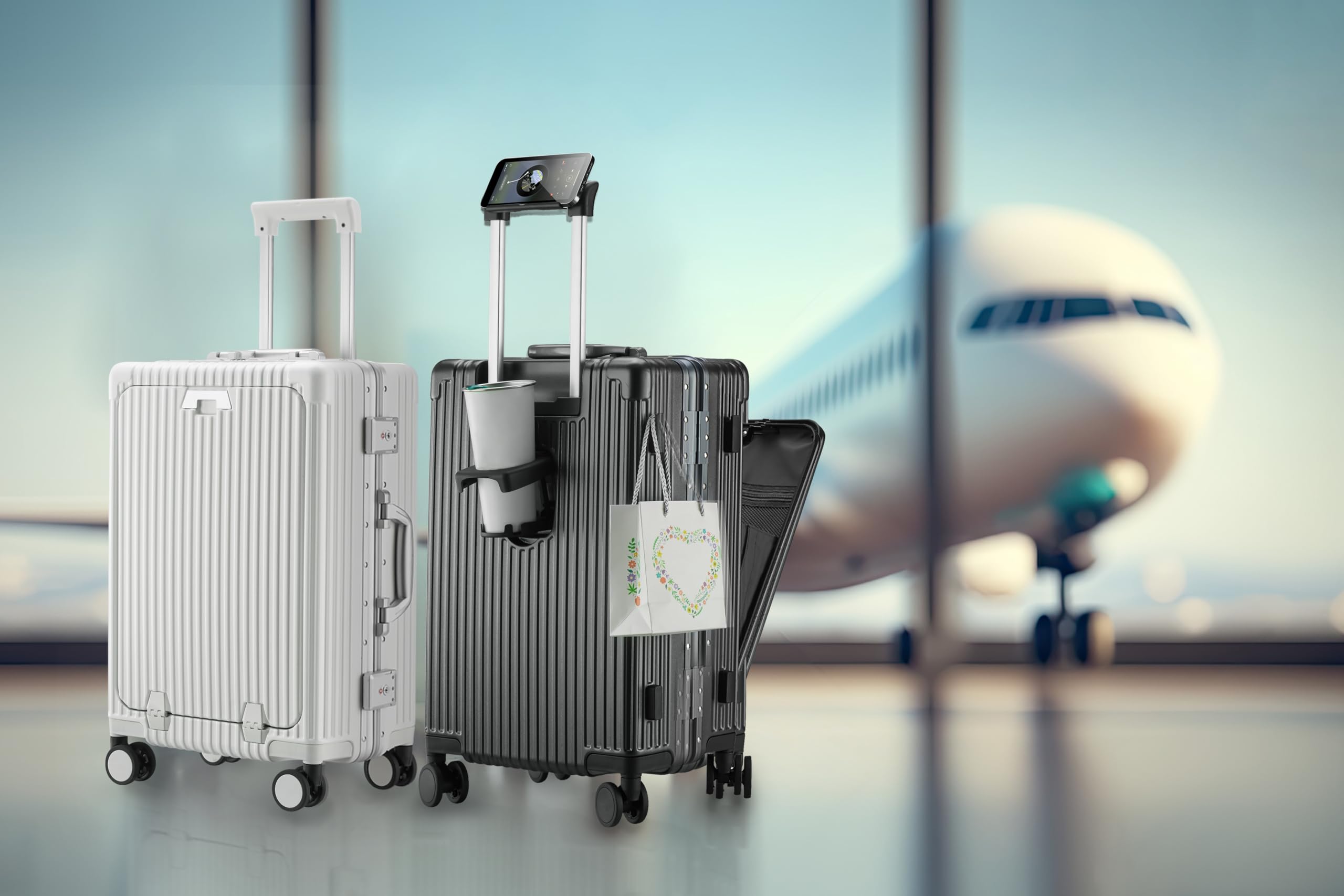 CAARANY Versatile Aluminum Frame Carry-On Luggage with USB Charging Port, Front Compartment, TSA Lock, Airline Approved Carry On Hardside Suitcase with Spinner Wheels (Grey, 20inch)