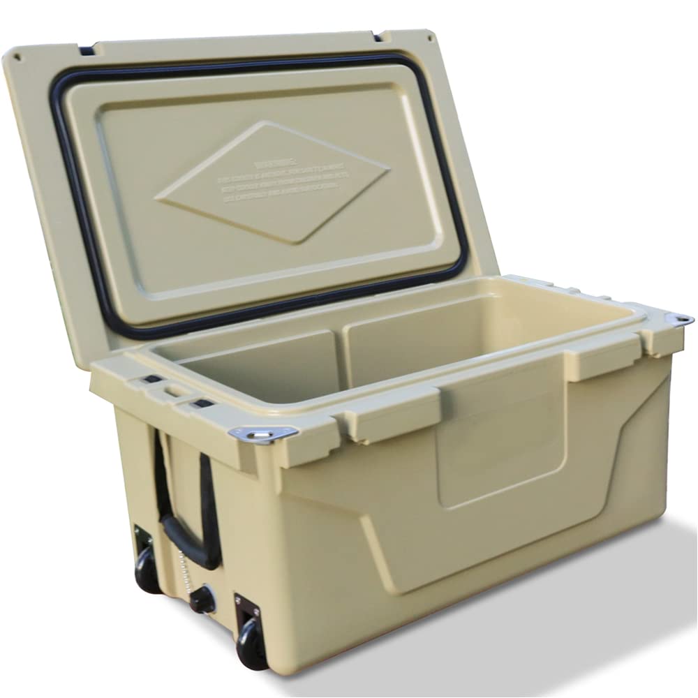 WTRAVEL 65QT Multifunction Outdoor Camping Coolers, Portable Cooler with Wheels and Heavy Duty Handle, Ice Chests and Coolers for Camping, Fishing, Travel, Beach (Khaki)