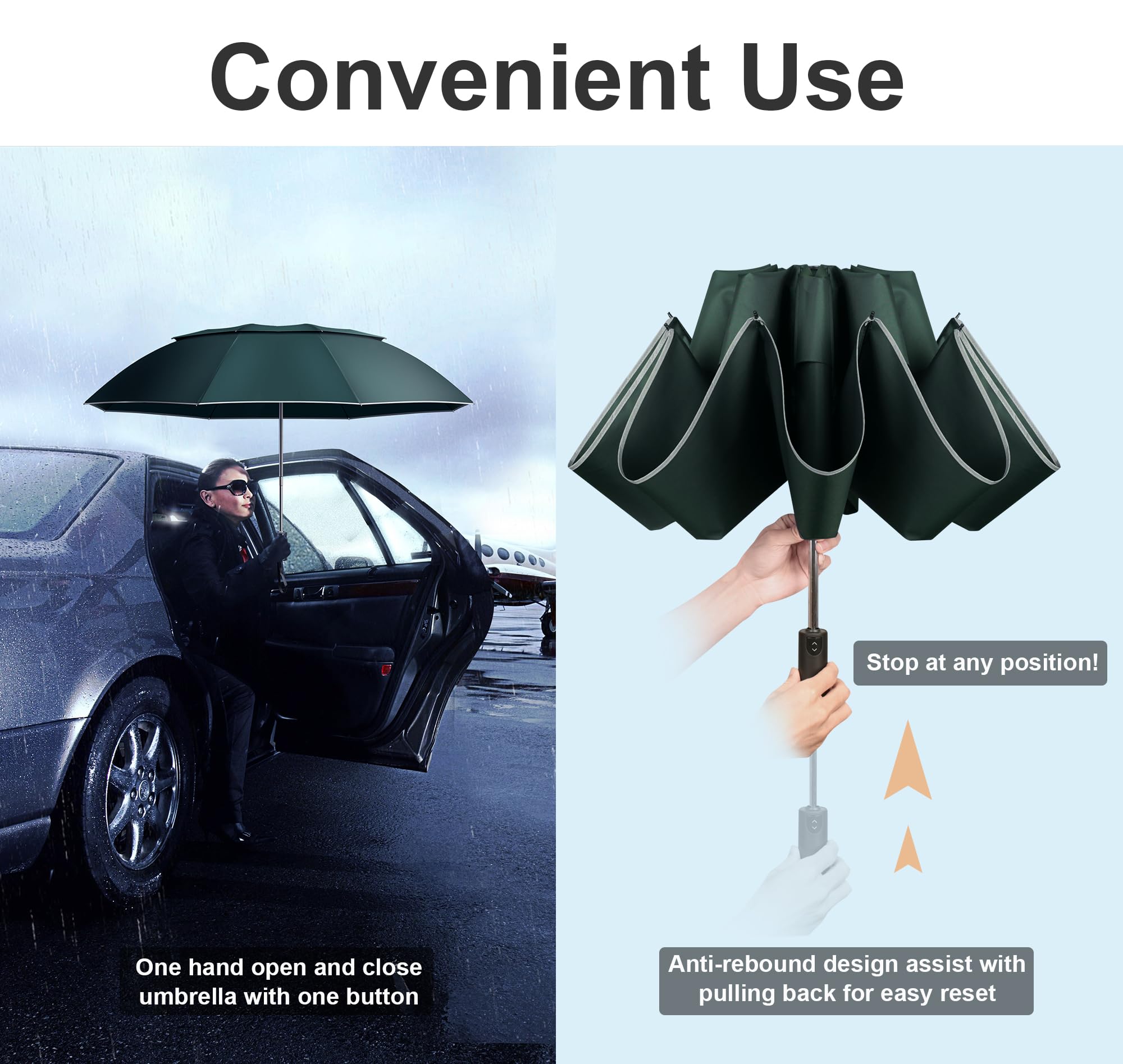 Urvoix Travel Umbrella Compact Windproof - Vented Double Canopy Umbrellas for Rain, Portable Umbrella Inverted Automatic Open Close with Reflective Strip