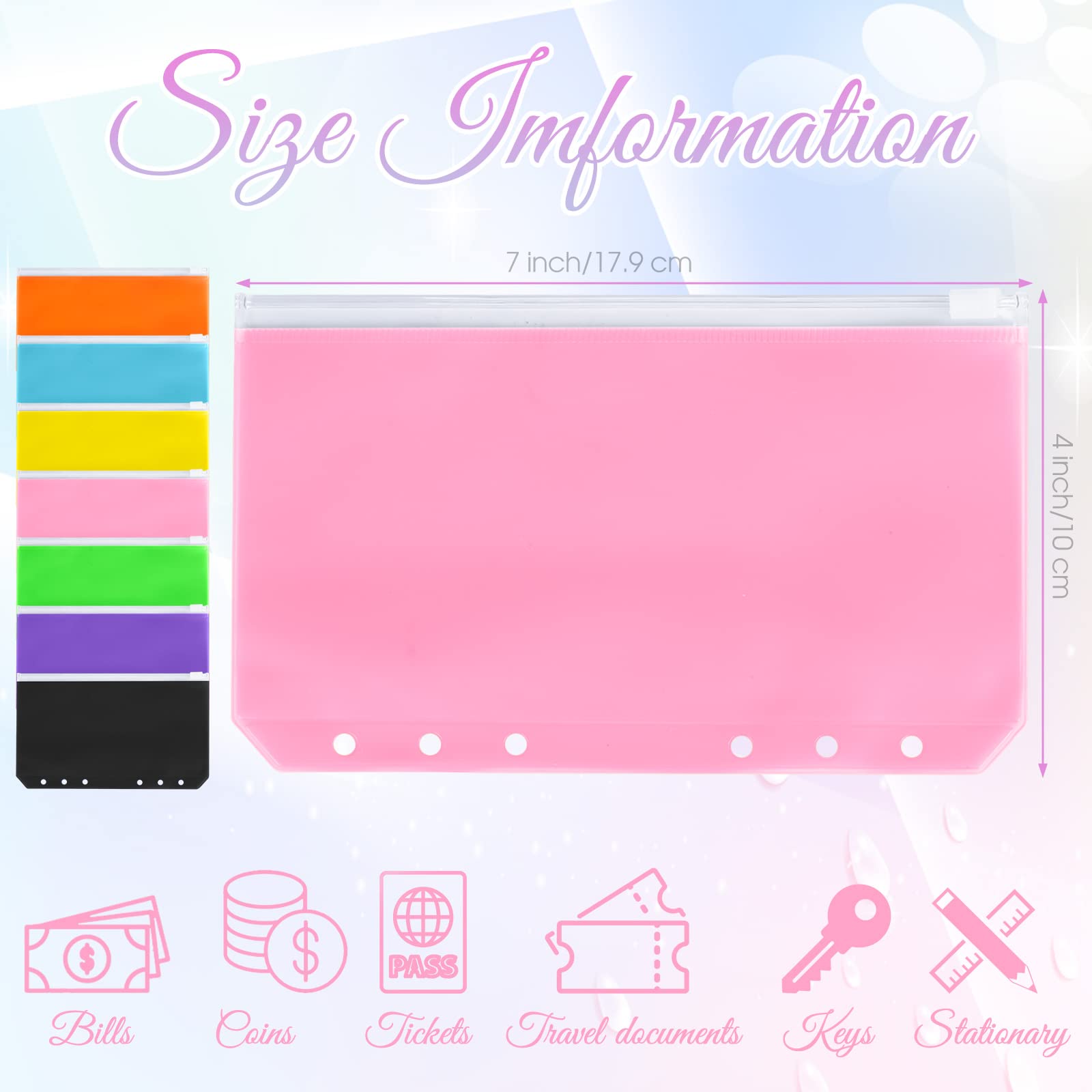 Sherr 84 Pcs A6 Binder Pockets Multicolor 6 Holes Budget Cash Envelopes with Zipper Waterproof A6 Planner Inserts Budget Binder Envelopes PVC Document Pouch Filing Bags for 6 Ring Binder Notebook