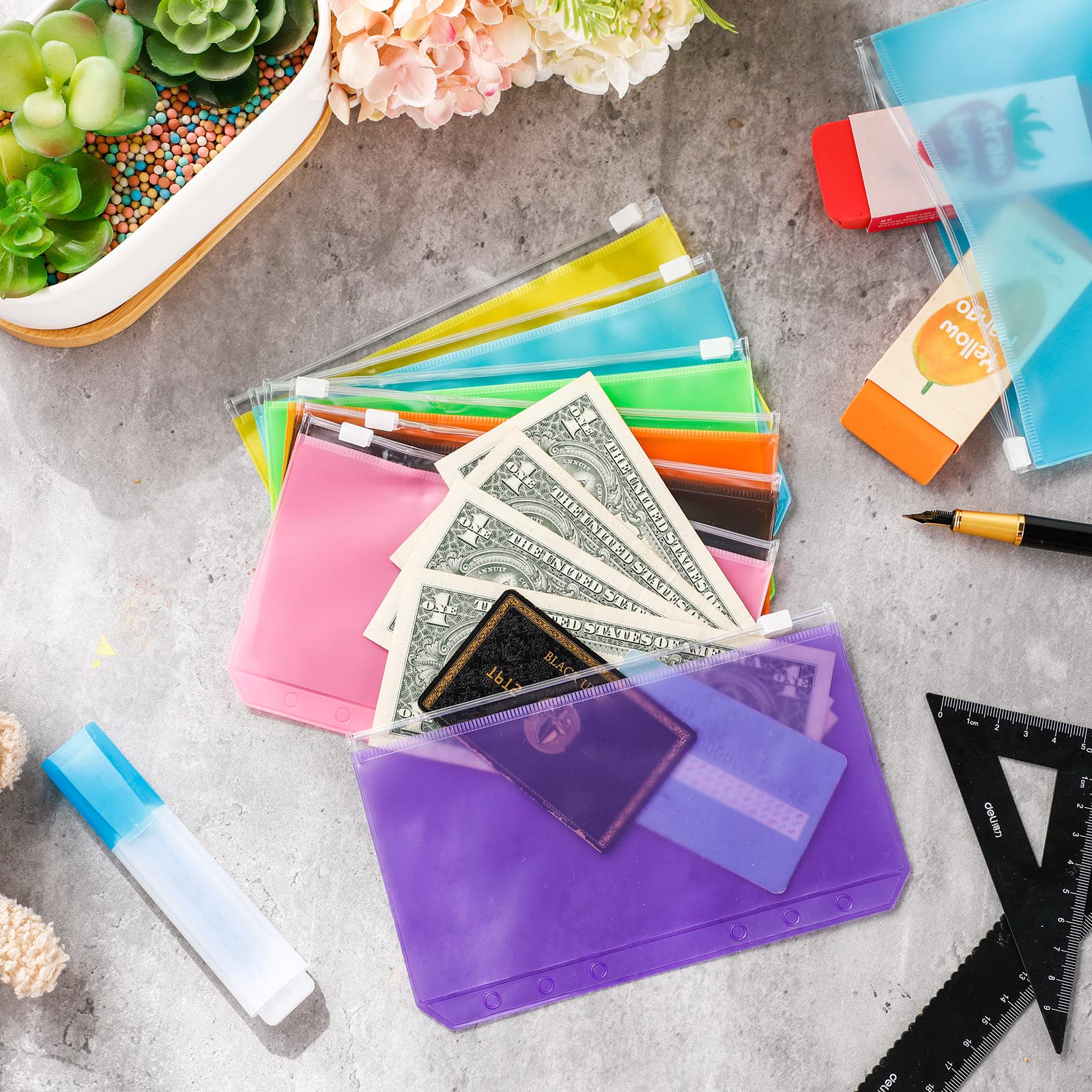 Sherr 84 Pcs A6 Binder Pockets Multicolor 6 Holes Budget Cash Envelopes with Zipper Waterproof A6 Planner Inserts Budget Binder Envelopes PVC Document Pouch Filing Bags for 6 Ring Binder Notebook