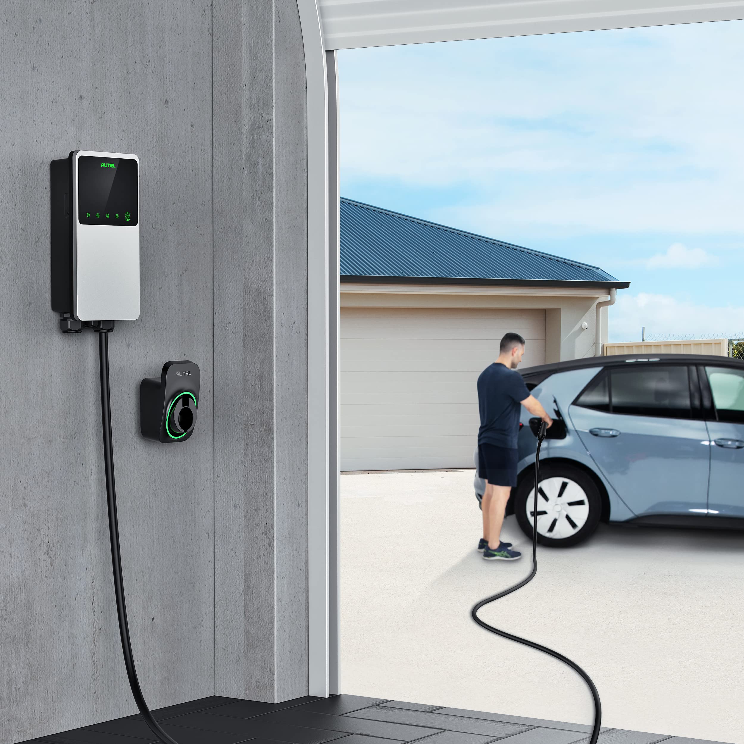 Autel MaxiCharger Home Electric Vehicle (EV) Charger, up to 50 Amp, 240V, Level 2 WiFi and Bluetooth Enabled EVSE, Hardwired, Indoor/Outdoor, 25-Foot Cable with Separate Holster, Silver