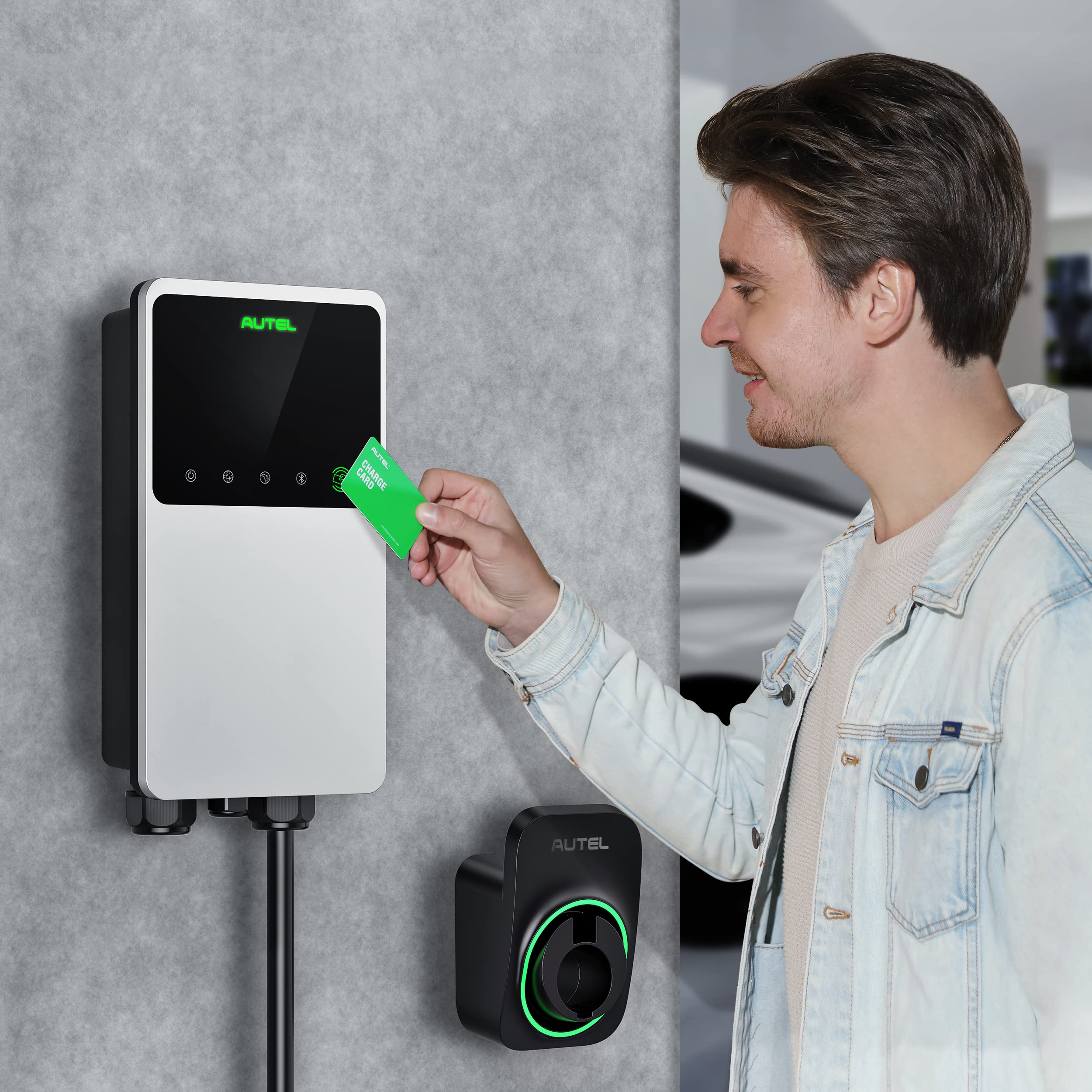 Autel MaxiCharger Home Electric Vehicle (EV) Charger, up to 50 Amp, 240V, Level 2 WiFi and Bluetooth Enabled EVSE, Hardwired, Indoor/Outdoor, 25-Foot Cable with Separate Holster, Silver
