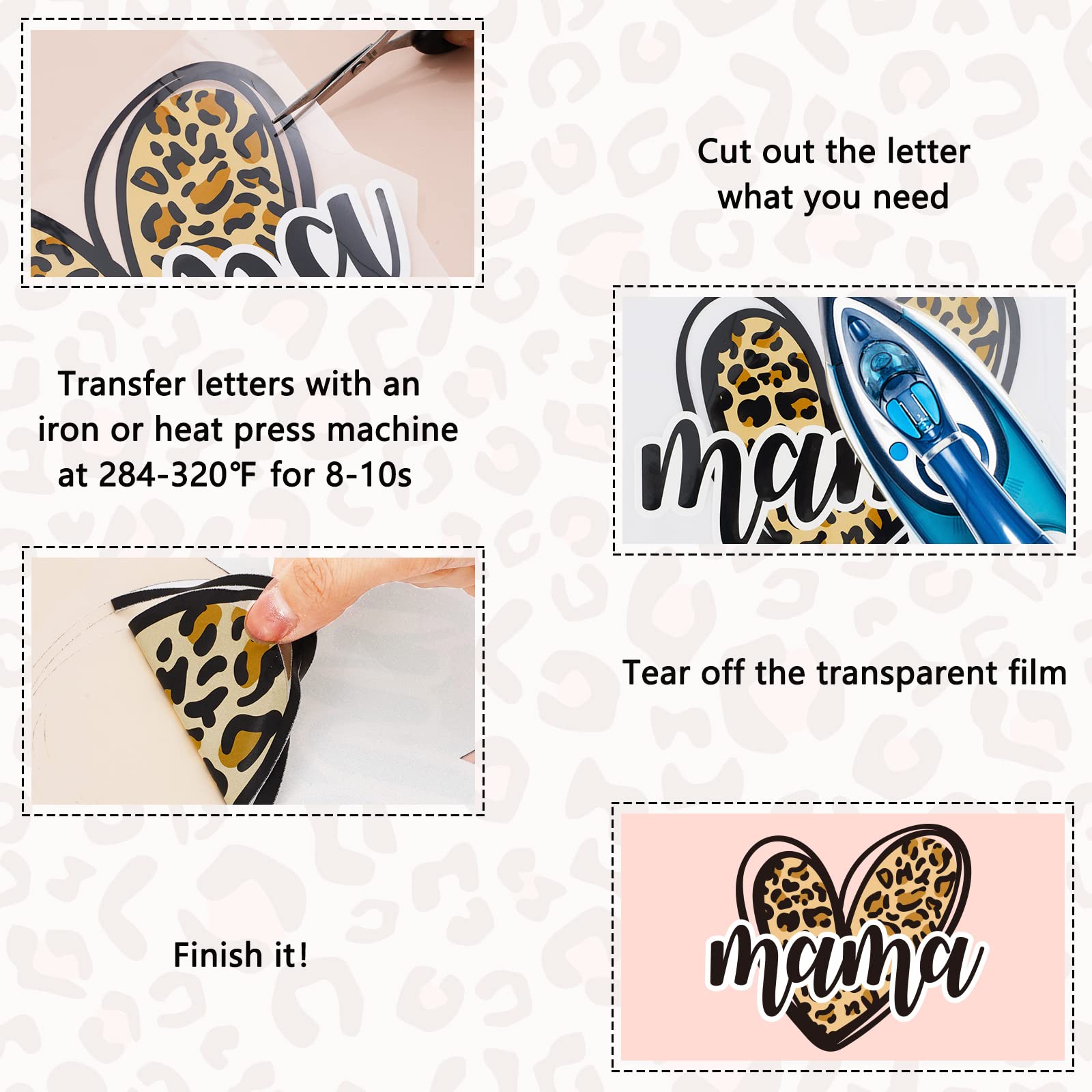 Whaline 6 Sheet Mama Iron On Transfers Patches Leopard Patterns Heat Transfer Iron Patches Leopard Momlife Heat Transfer Stickers for Clothing Fabric DIY Craft Costume Decor