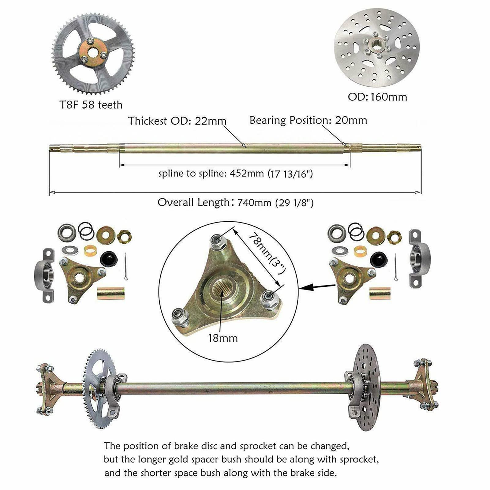 91.SCS 29"Go kart Rear Live Axle +Steering Wheel Tie Rod Rack+ 6" Wheels+Brake Assembly
