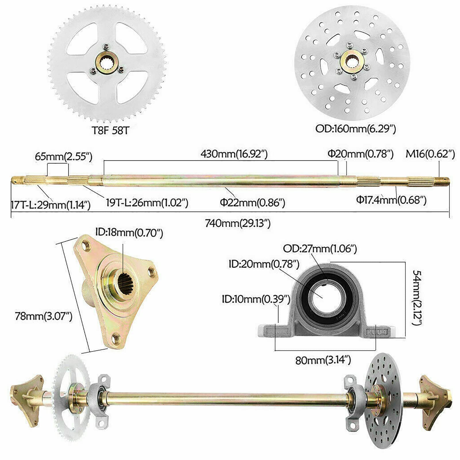91.SCS 29"Go kart Rear Live Axle +Steering Wheel Tie Rod Rack+ 6" Wheels+Brake Assembly