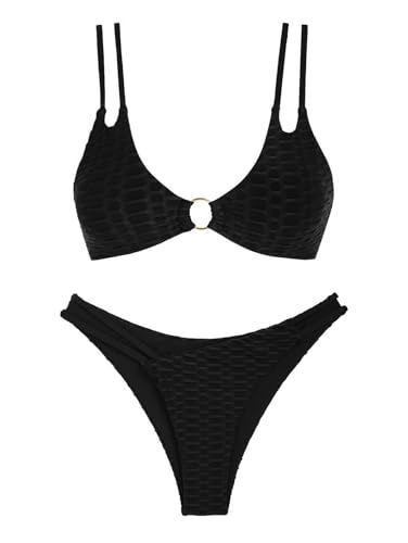 ZAFUL Women's O-Ring Bikini Double Shoulder Straps Bikini Set Cheeky Two Piece Swimsuit Bathing Suit (0-Black, S)