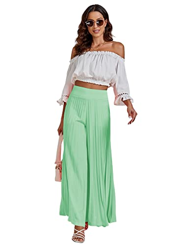 LYANER Women's Elastic High Waisted Wide Leg Palazzo Pants Loose Casual Pleated Trousers Green X-Large