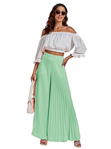 LYANER Women's Elastic High Waisted Wide Leg Palazzo Pants Loose Casual Pleated Trousers Green X-Large