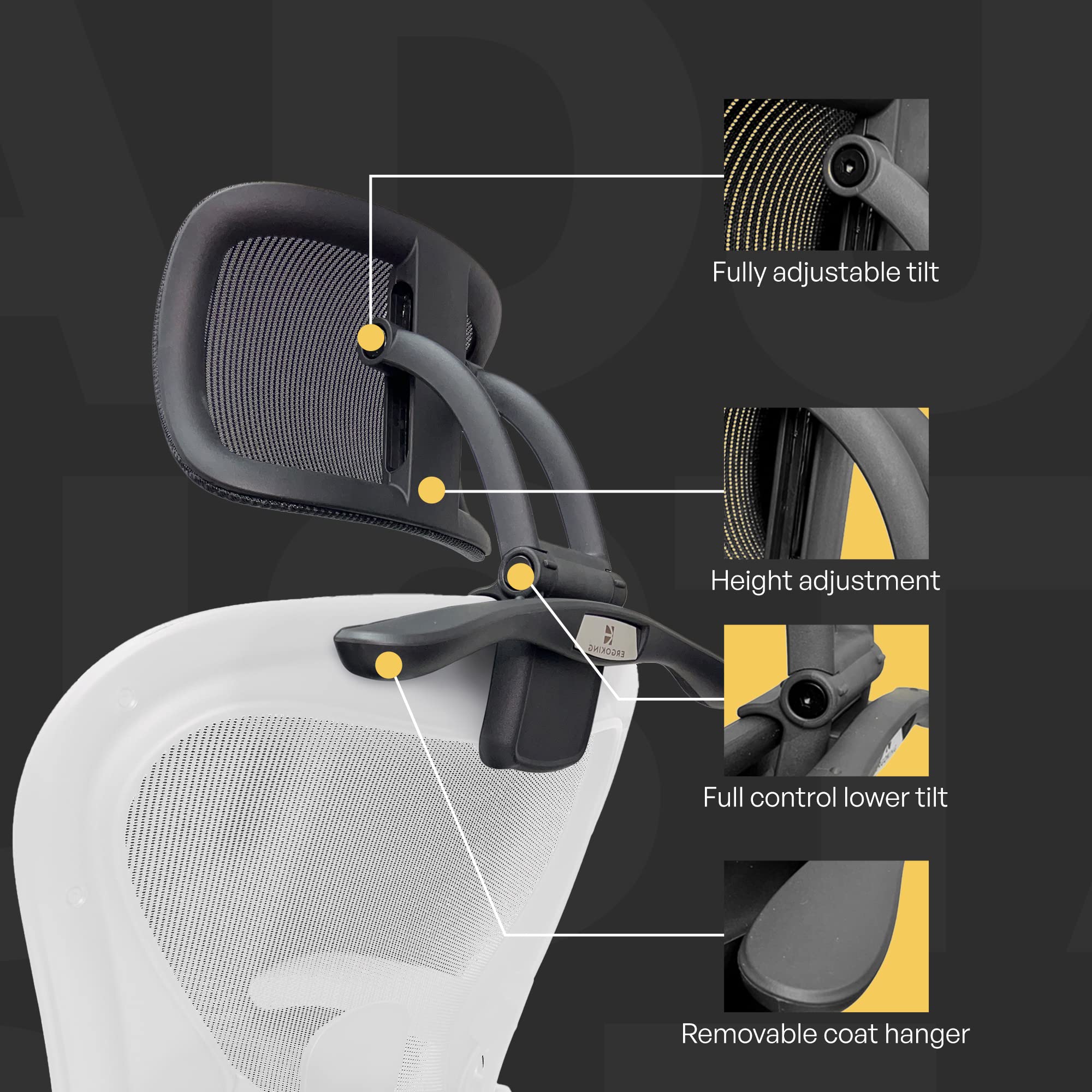 ERGOKING Headrest Compatible with Herman Miller Aeron Remastered Fully Adjustable Height & Tilt, Removable Coat Hanger Graphite Frame, Graphite Mesh