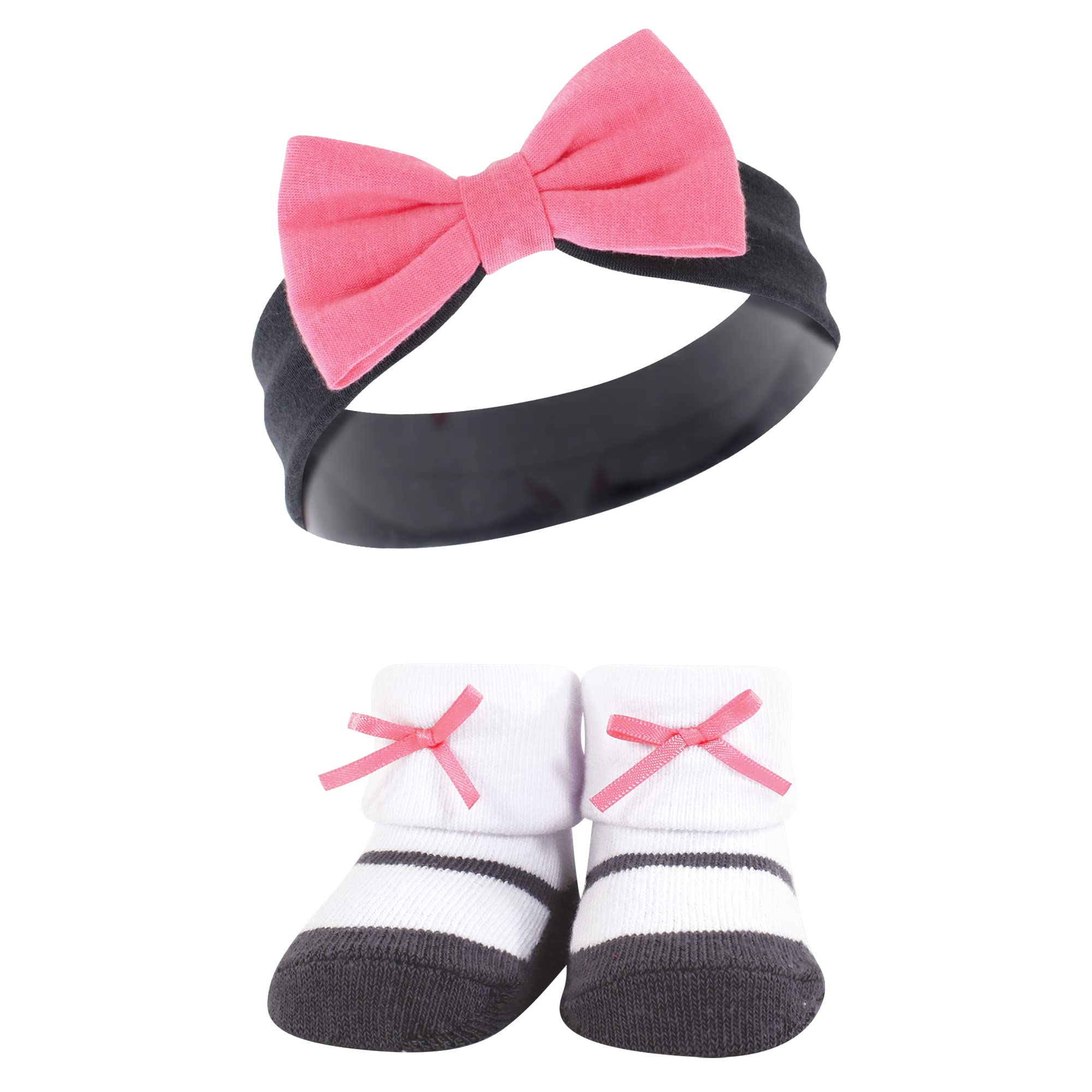 Hudson Baby Infant Girl Headband and Socks Giftset, Pink Charcoal, One Size