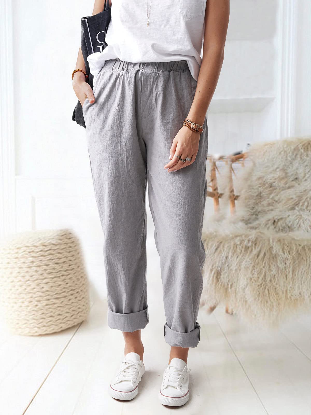 GLIENST Grey Linen Pants for Women Trendy Casual Loose Elastic High Waisted Straight Leg Lounge Work Pants Solid Color Comfy Trousers with Pockets X-Large