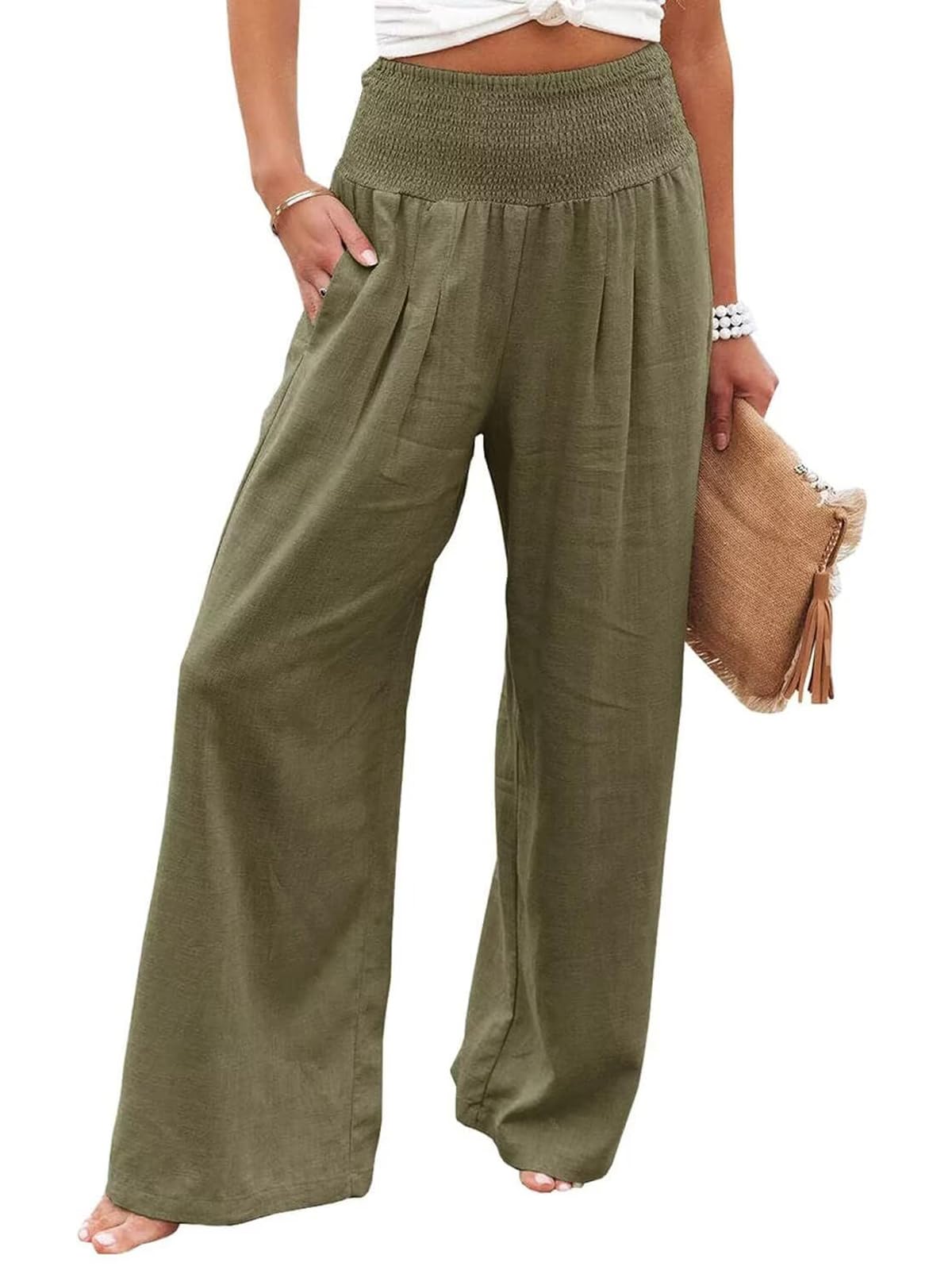 GLIENST Women's Cotton Linen Pants Elastic High Waisted Straight Leg Palazzo Loose Casual Trousers Pajama for Ladies with Pockets One Piece White XL