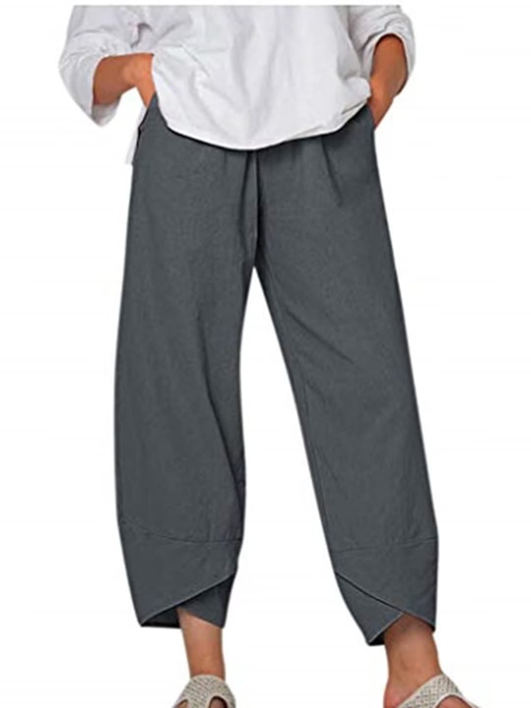 GLIENST Women's Cotton Linen Pants Elastic High Waisted Straight Leg Palazzo Loose Casual Trousers Pajama for Ladies with Pockets One Piece Grey XL