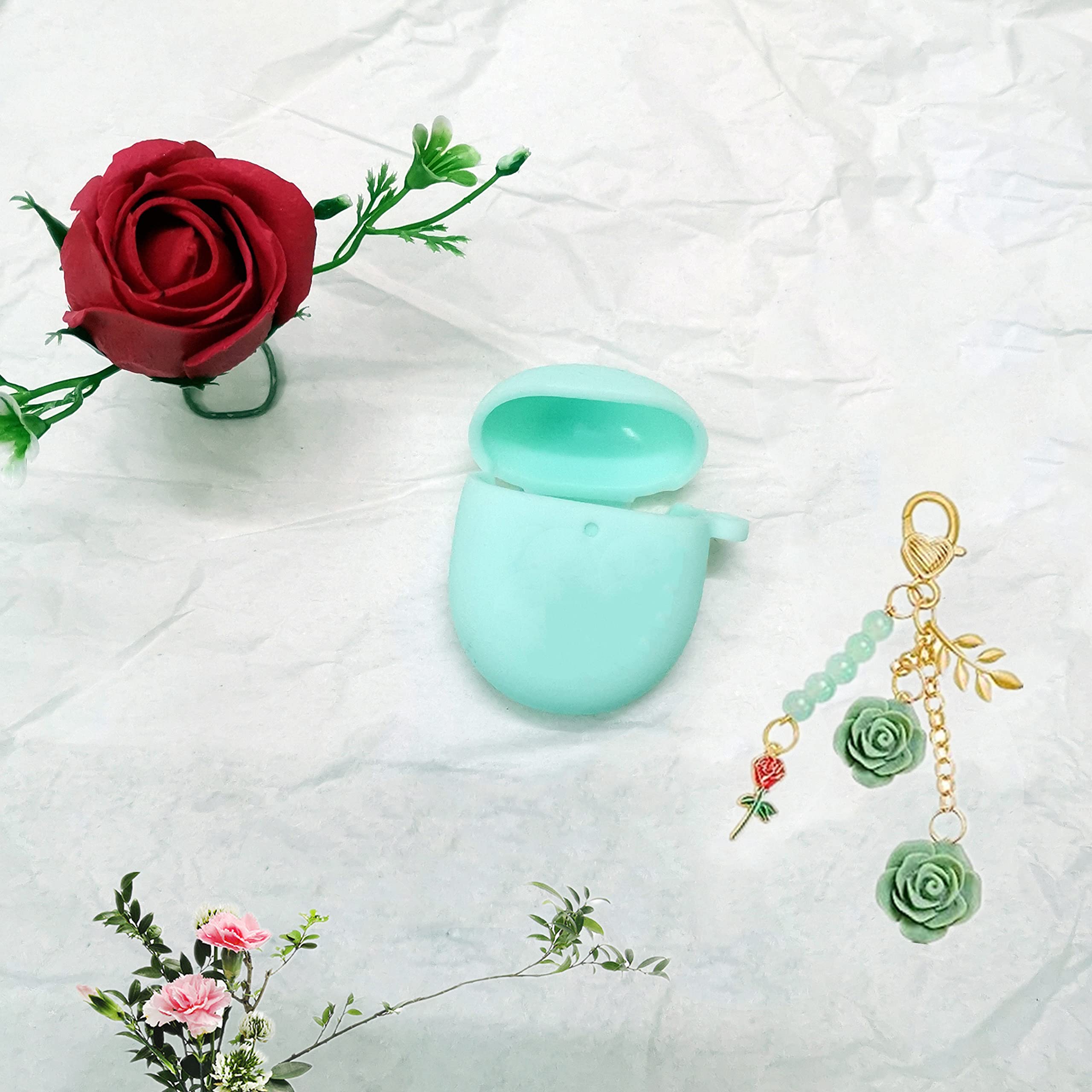 for Google Pixel Buds Pro Case Cover with Keychain,Cute Silicone for Pixel Buds Pro Charging Case Protective Cover with Flowers Carabiner Key Chains for Google Buds pro case for Women Girls (Green)