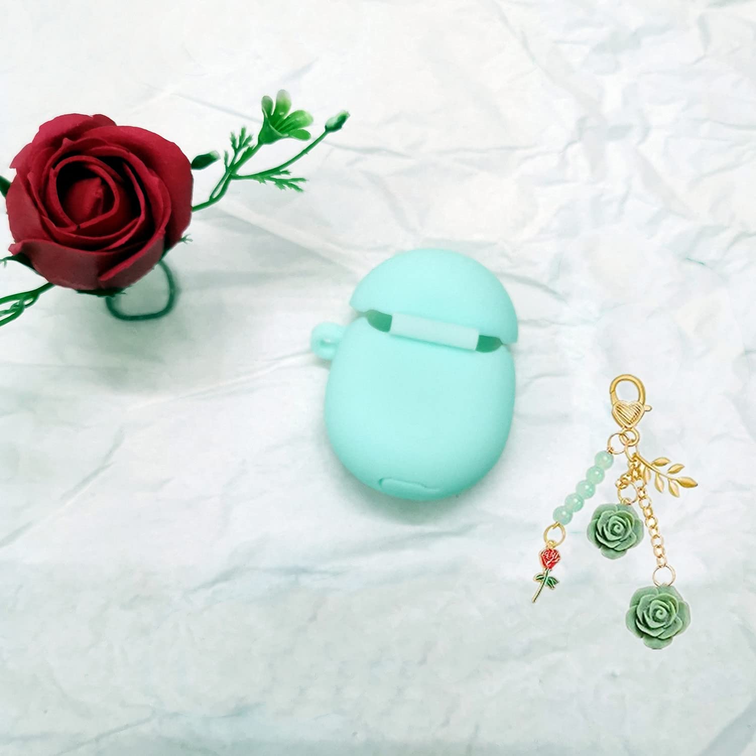 for Google Pixel Buds Pro Case Cover with Keychain,Cute Silicone for Pixel Buds Pro Charging Case Protective Cover with Flowers Carabiner Key Chains for Google Buds pro case for Women Girls (Green)