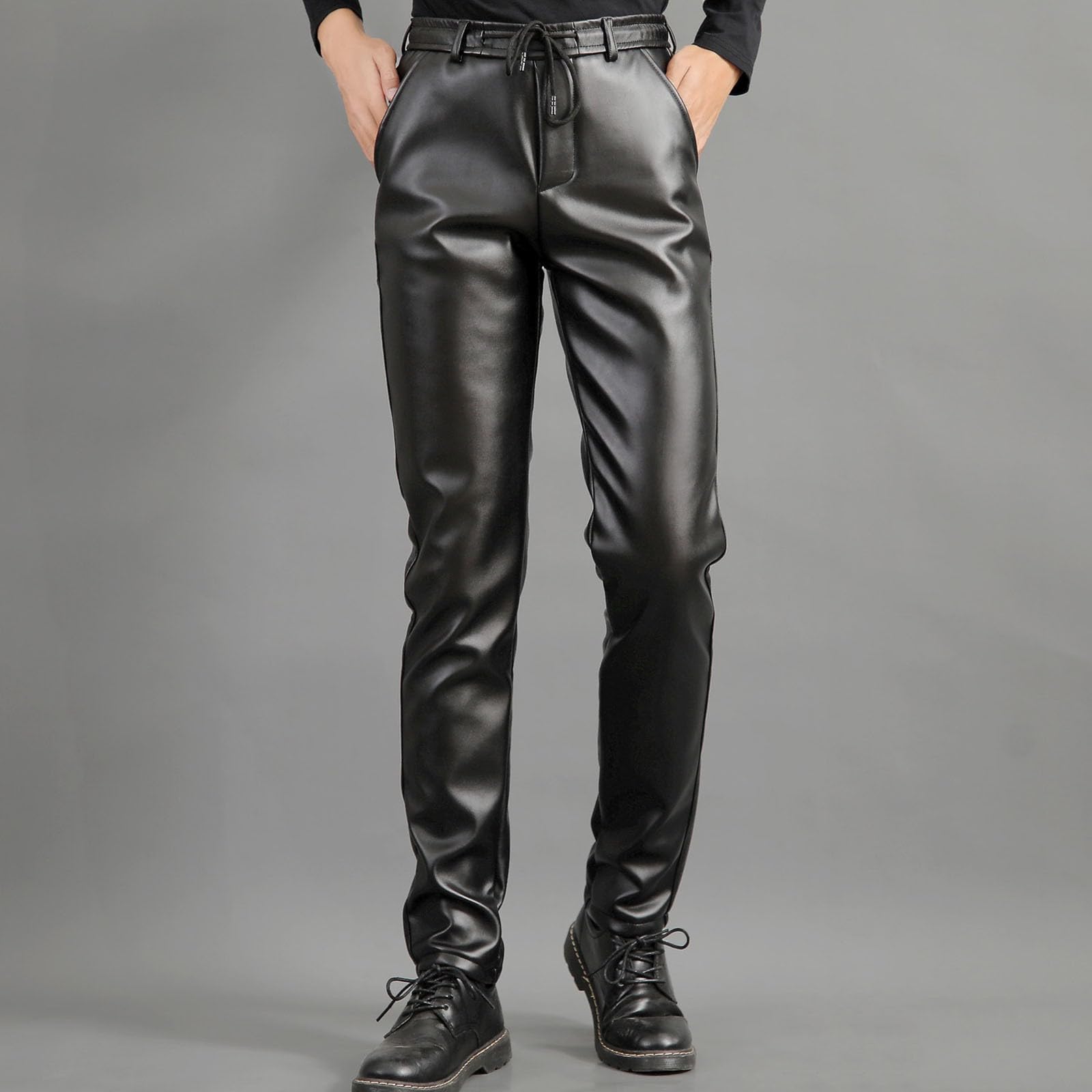 Men's Sweatpants with Zipper Pockets Mens Slim Fitting Leather Leggings Tight Elastic Warm Black Plush Trend Pants