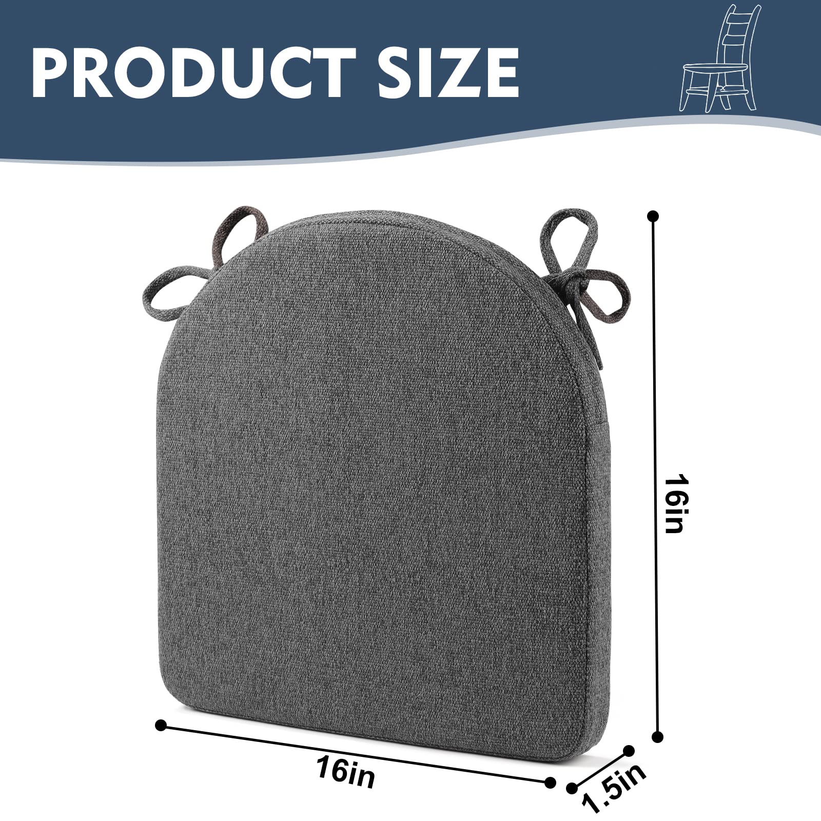 PLZSITDOWN Chair Cushions for Dining Chairs, Seat Cushions for Kitchen Chairs 16"x16" Non Slip Indoor Chair Pad with Ties Removable Cover Dark Grey
