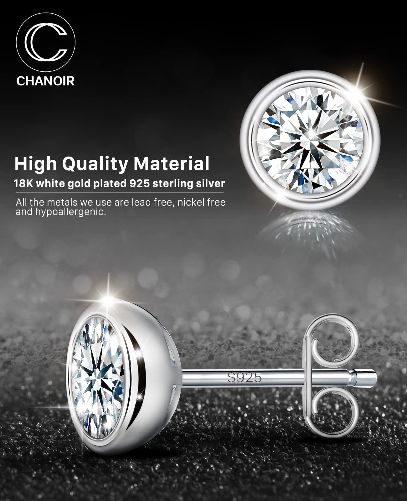 Moissanite Earrings for Men & Women, 0.3/0.5/1ct, VVS1 18k Rose Gold, Lab-Cut, Dazzling Sparkle, Round Bezel GRA Certified Diamond Studs, Hypoallergenic Flat Back Stud Earrings