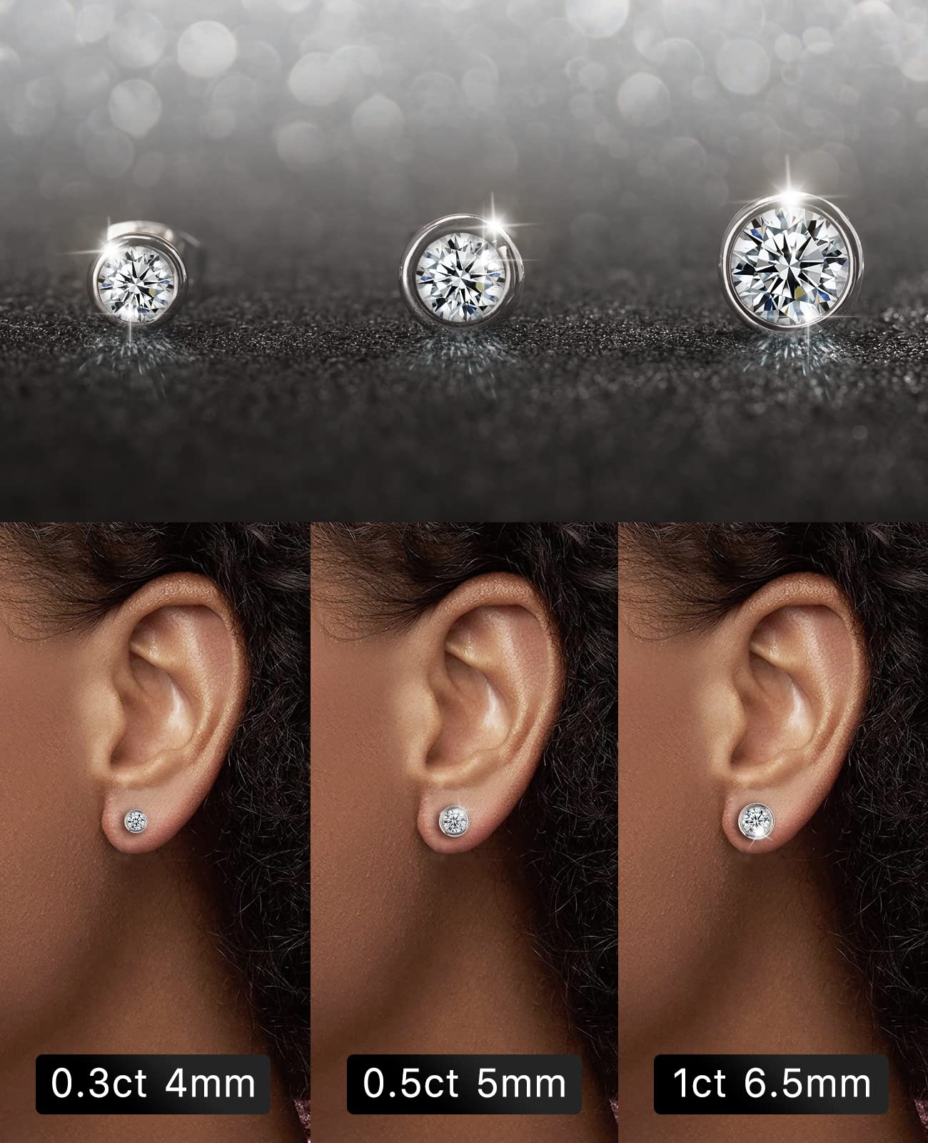 Moissanite Earrings for Men & Women, 0.3/0.5/1ct, VVS1 18k Rose Gold, Lab-Cut, Dazzling Sparkle, Round Bezel GRA Certified Diamond Studs, Hypoallergenic Flat Back Stud Earrings