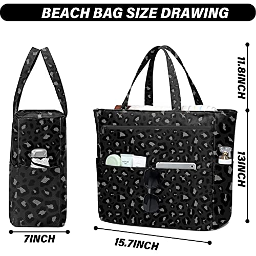 BHAHB Beach Bag Beach Tote Pool Bag Large Waterproof Tote Bag with Wet Pocket,Shoulder Bag with Zipper for Women Girls-Black Leopard Cheetah Pattern
