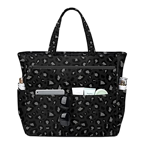 BHAHB Beach Bag Beach Tote Pool Bag Large Waterproof Tote Bag with Wet Pocket,Shoulder Bag with Zipper for Women Girls-Black Leopard Cheetah Pattern