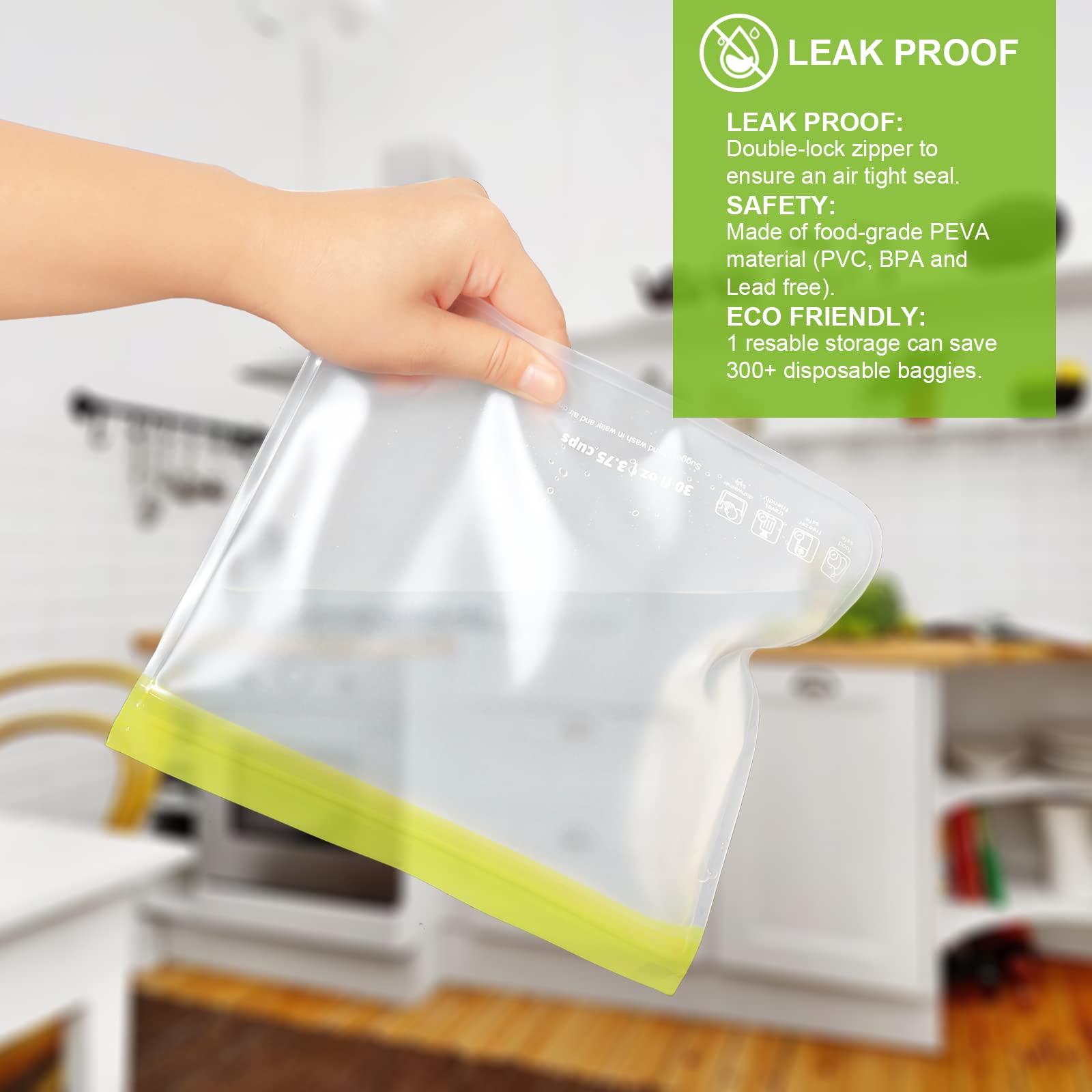 Roonoo 10 Pack Dishwasher Safe Reusable Snack Bags, Reusable Storage BPA Free Freezer Bags, Leakproof Bags Food Storage