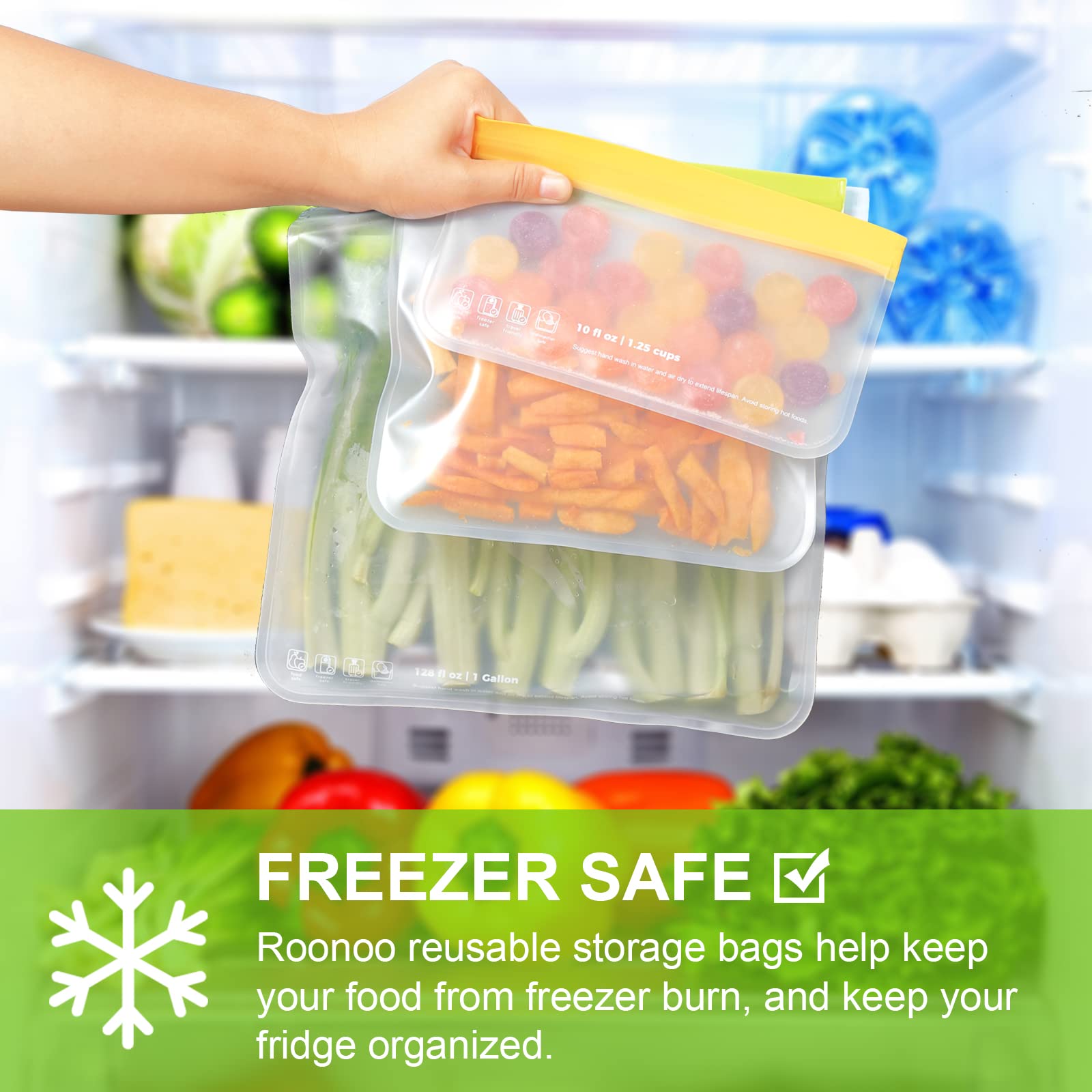 Roonoo 10 Pack Dishwasher Safe Reusable Snack Bags, Reusable Storage BPA Free Freezer Bags, Leakproof Bags Food Storage