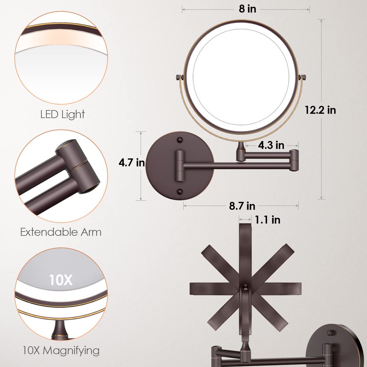 Rocollos Rechargeable Wall Mounted Lighted Makeup Mirror, 8 Inch Double-Sided LED Vanity Mirror 1X/10X Magnification,3 Color Lights Touch Screen Dimmable 360°Swivel 13 Inch Extendable
