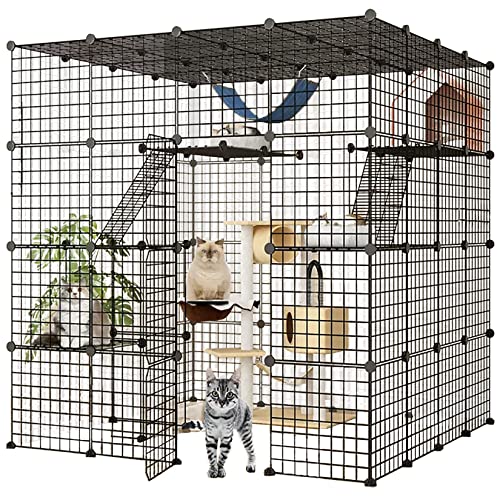 Old Tjikko Large Cat Cage,Indoor Cat Playpen,Metal Wire Kennels Crate,Small Animal Cages for Kitten Guinea Pig, Bunny and Chinchilla Ideal for 1-3 Cats with 2 Platforms Beds and 2 Ladders