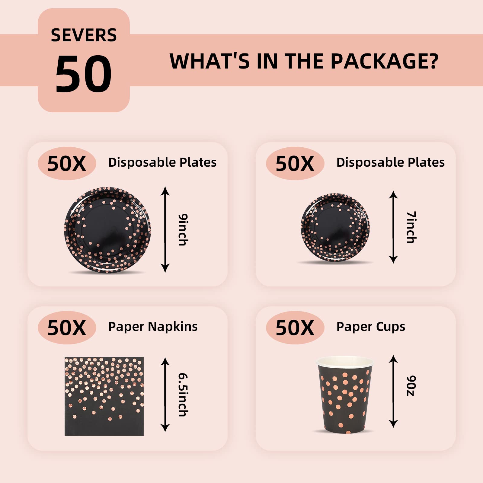 Simbago Black and Rose Gold Party Supplies-Disposable Dinnerware Set 50 Paper Plates 50 Dessert Plates 50 Cups 50 Napkins,Retirement Birthday