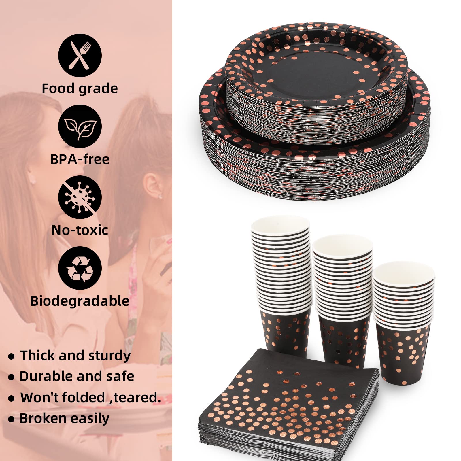 Simbago Black and Rose Gold Party Supplies-Disposable Dinnerware Set 50 Paper Plates 50 Dessert Plates 50 Cups 50 Napkins,Retirement Birthday
