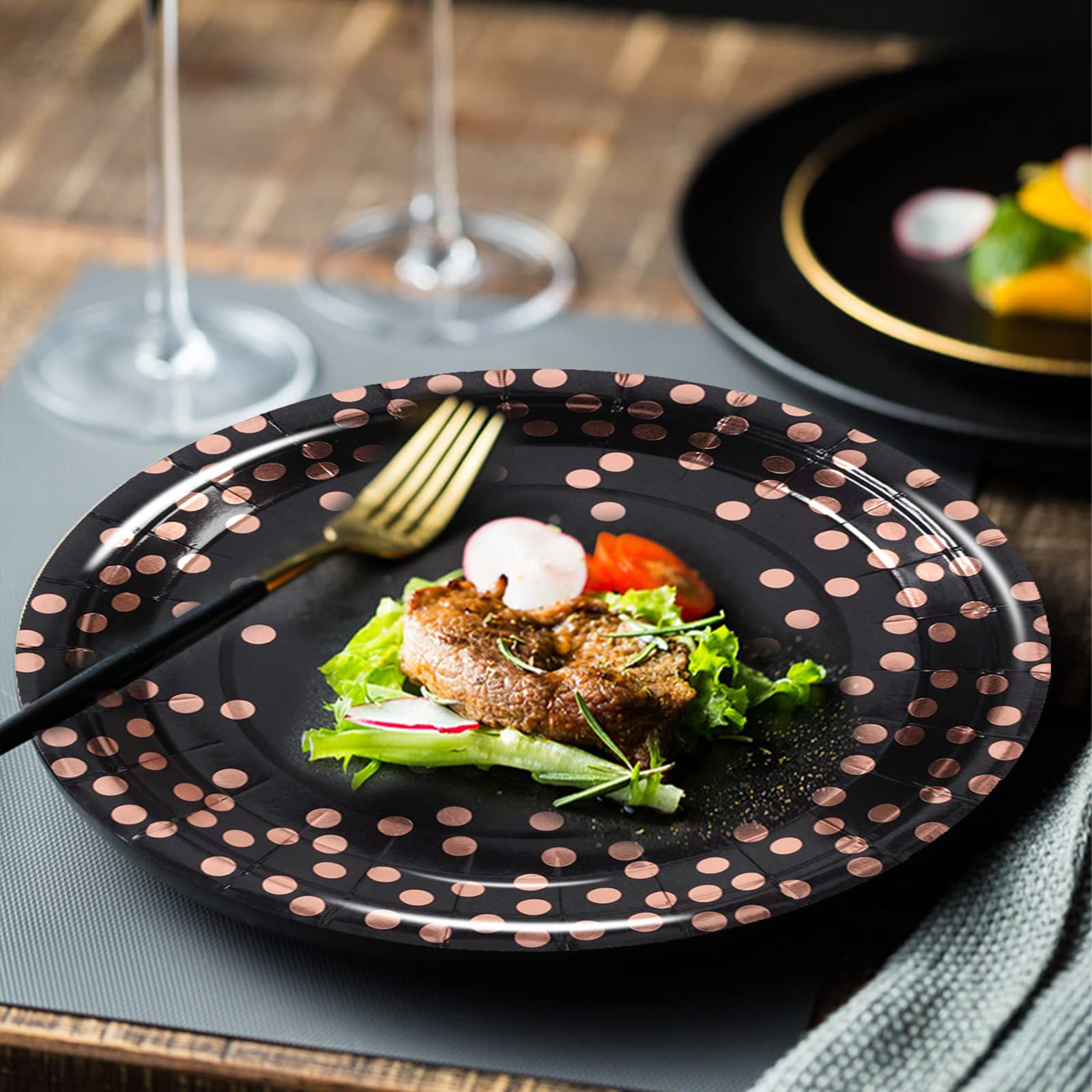 Simbago Black and Rose Gold Party Supplies-Disposable Dinnerware Set 50 Paper Plates 50 Dessert Plates 50 Cups 50 Napkins,Retirement Birthday